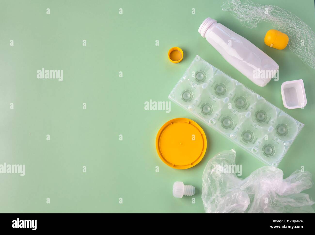 Plastic waste for recycling. Ecological concept. Flat lay, copy space ...