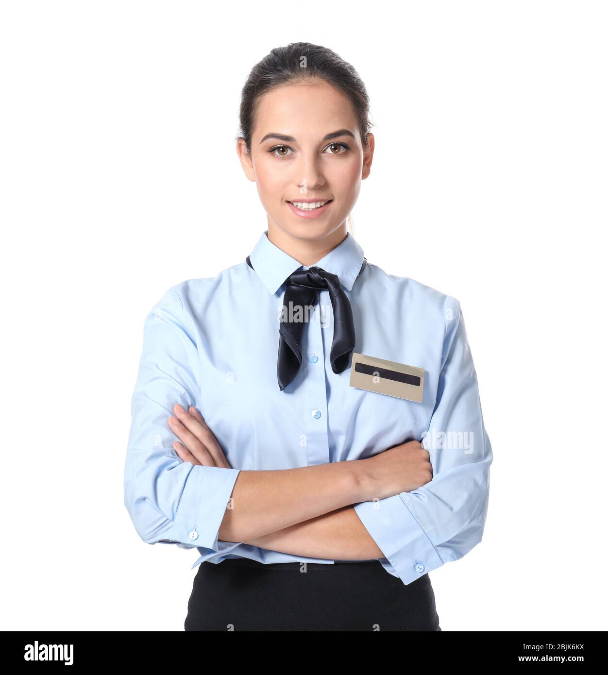 Female hotel receptionist in uniform on white background Stock Photo ...