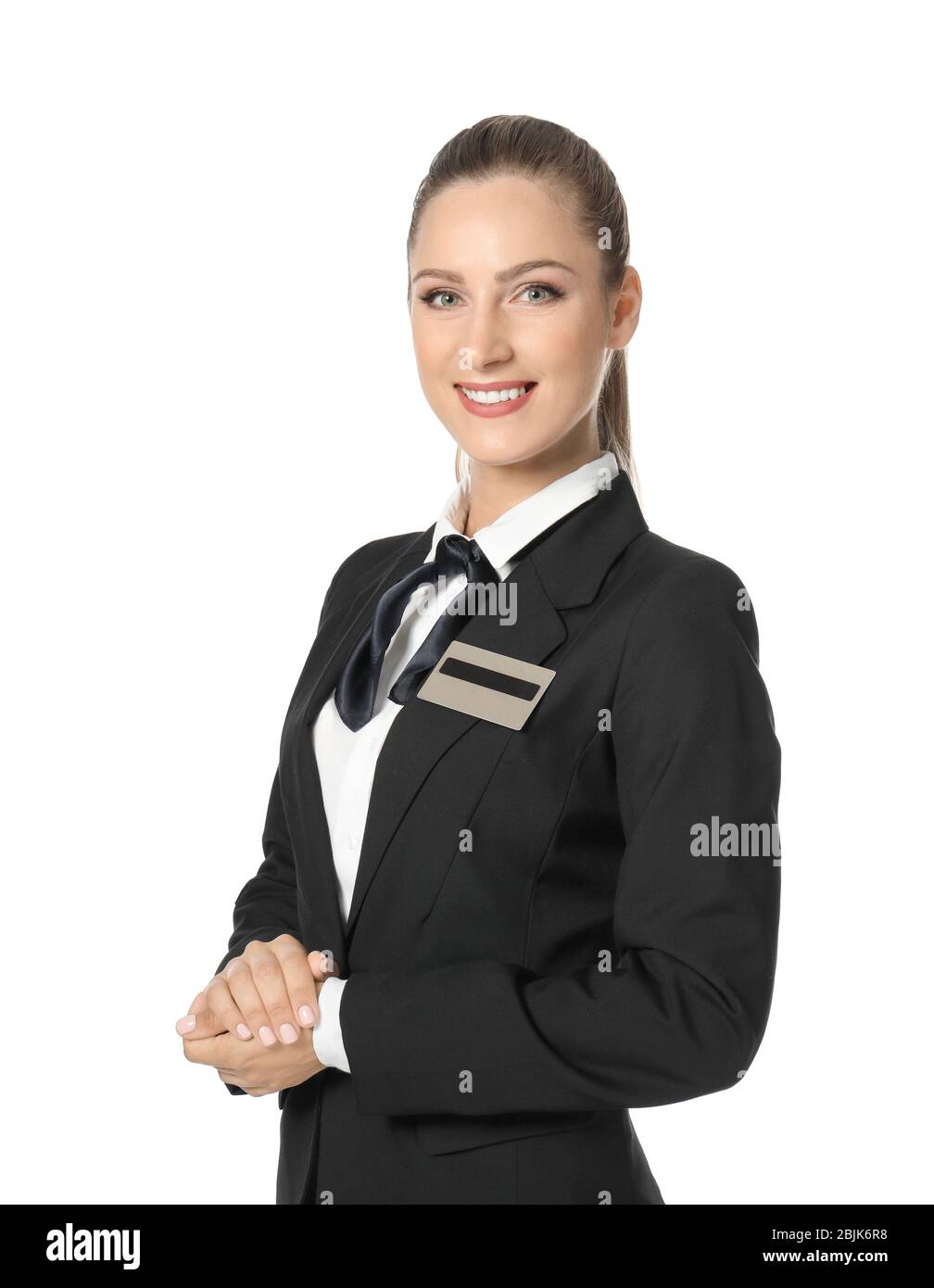 Female hotel receptionist in uniform on white background Stock Photo ...
