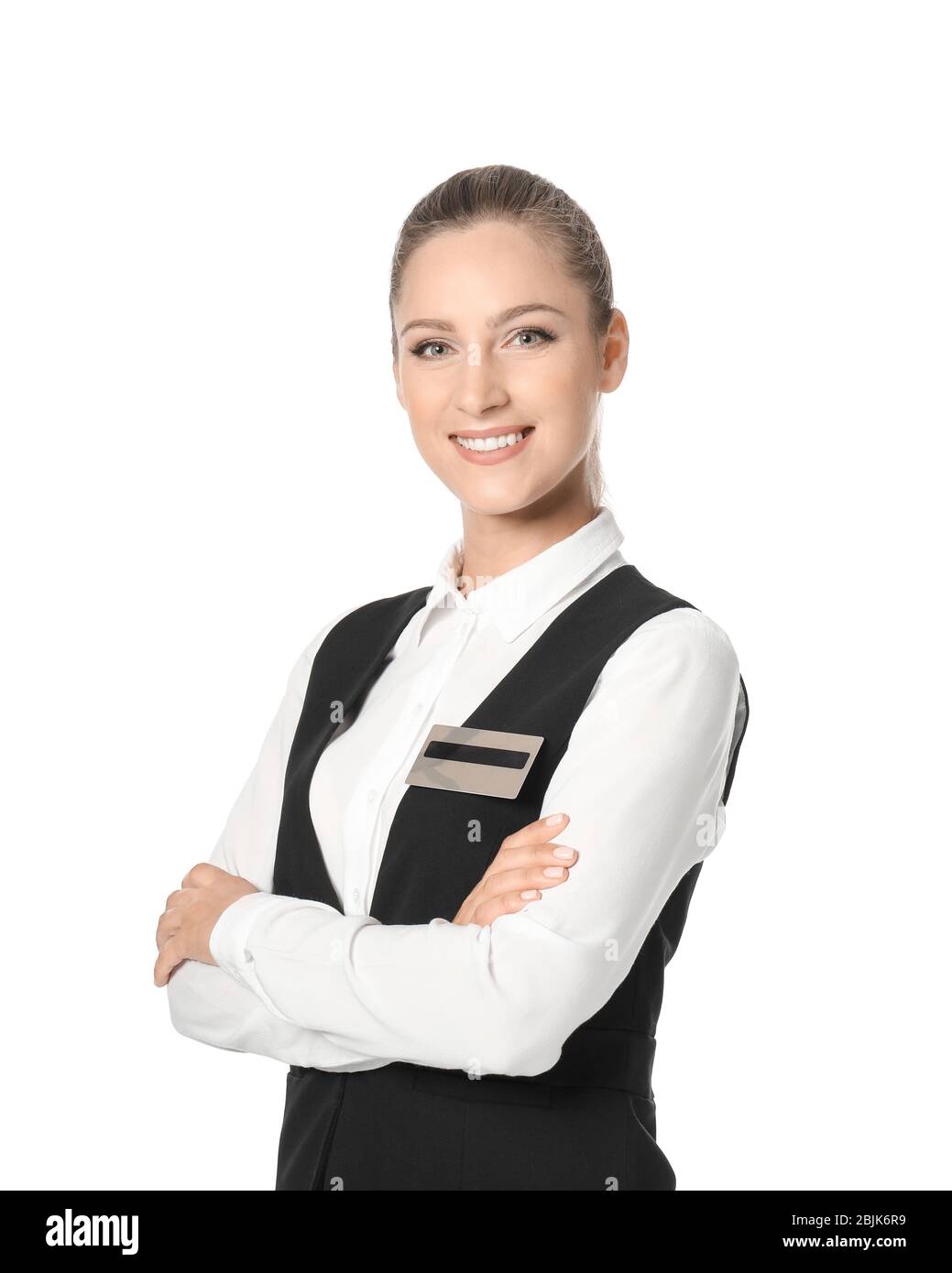 Female hotel receptionist in uniform on white background Stock Photo ...