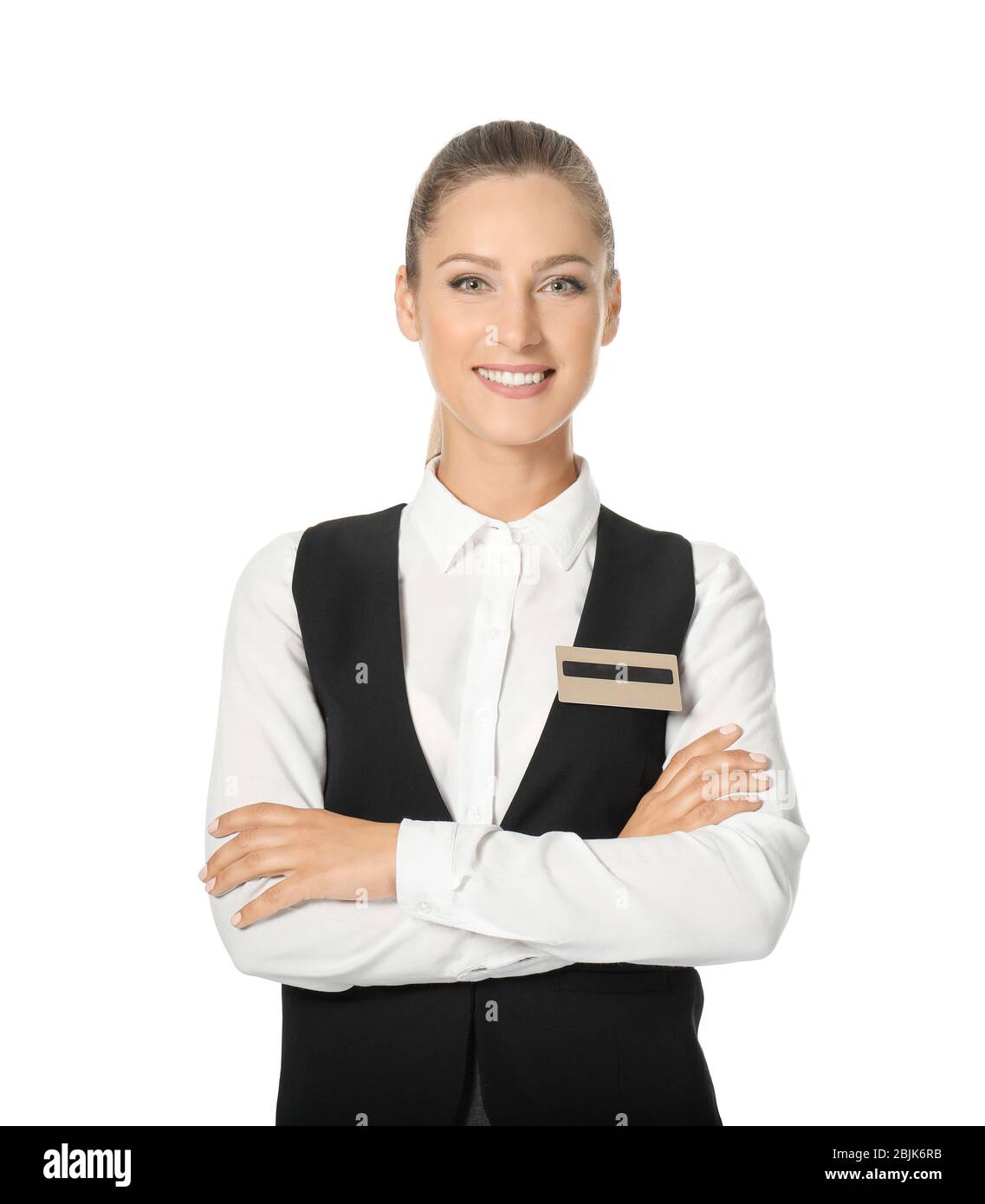 Female hotel receptionist in uniform on white background Stock Photo ...