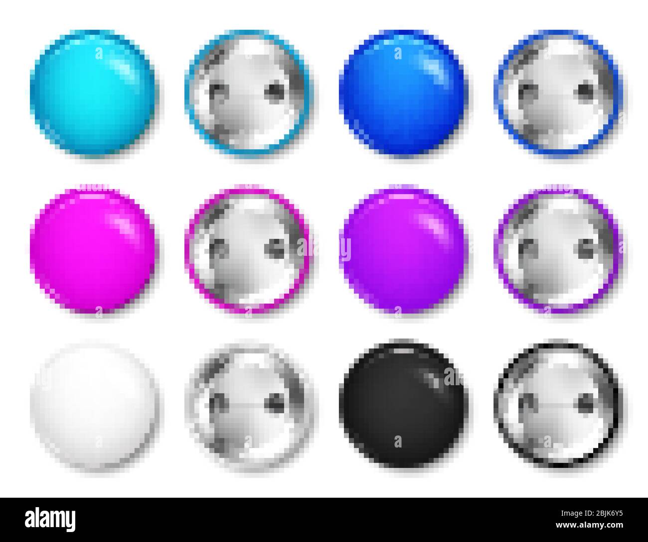 Realistic blank badges collection. Colorful 3D glossy round button. Pin ...