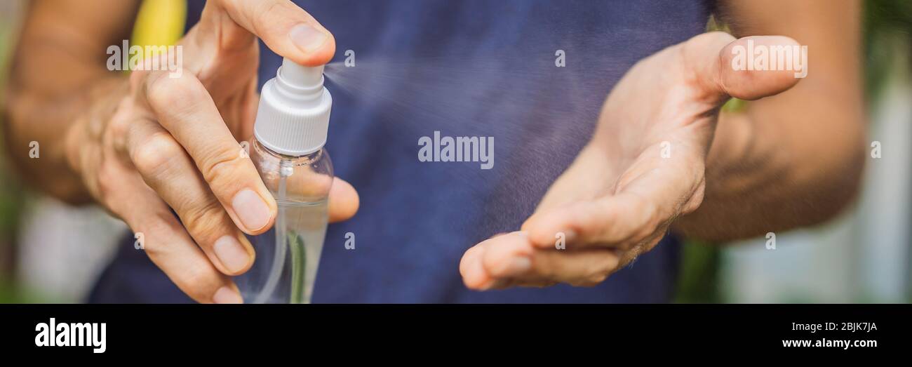 Men's hands using wash hand sanitizer gel BANNER, LONG FORMAT Stock ...