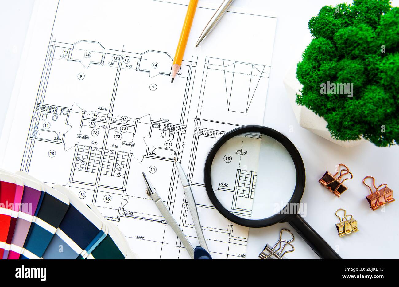 Architect workplace top view. Architectural project, blueprints ...