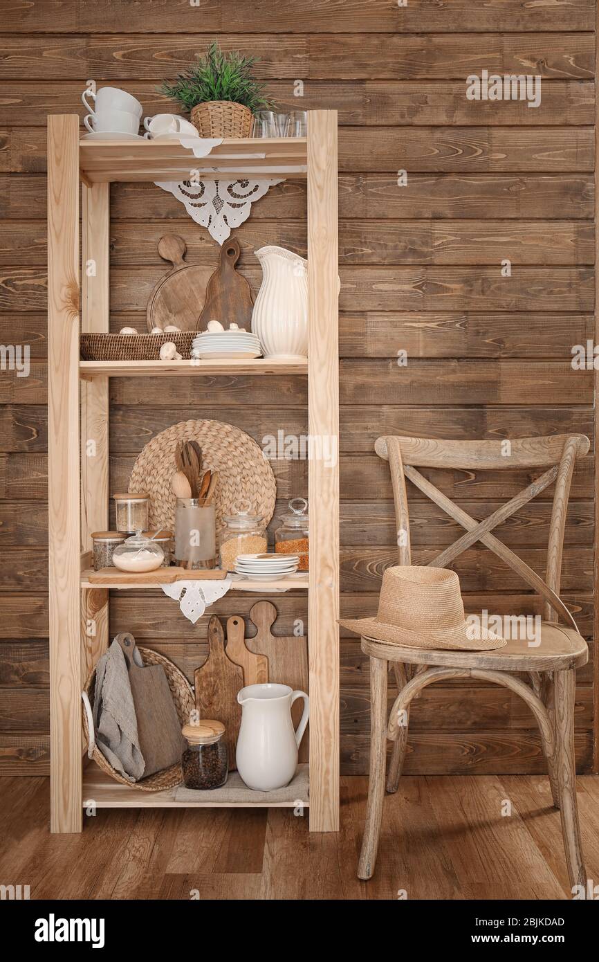 Modern wooden shelve stand for kitchen stuff Stock Photo - Alamy