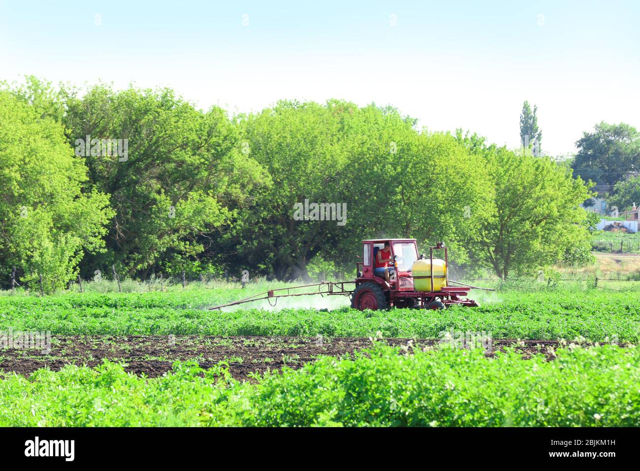 Tractor spraying field with green plants Stock Photo - Alamy