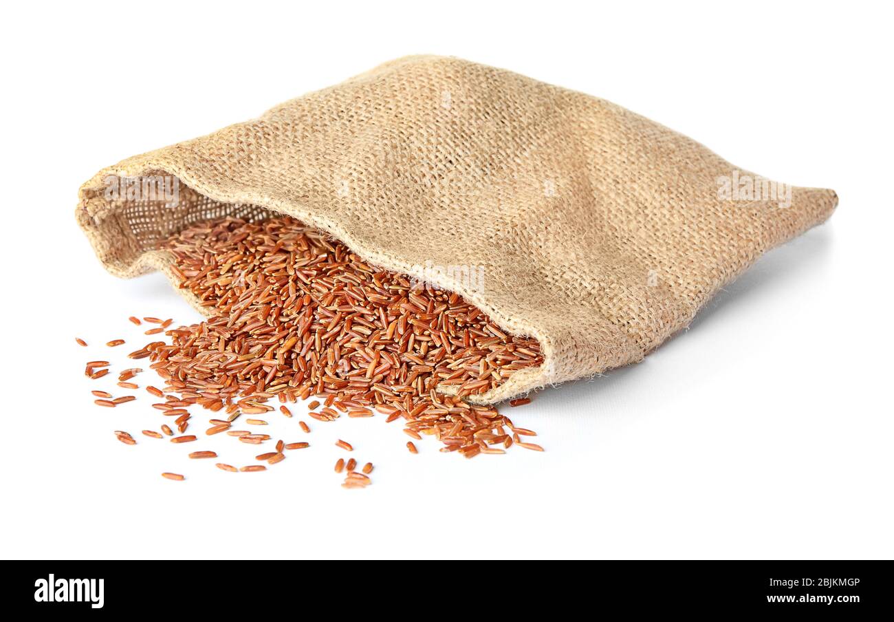 Bag with red Cargo rice on white background Stock Photo - Alamy