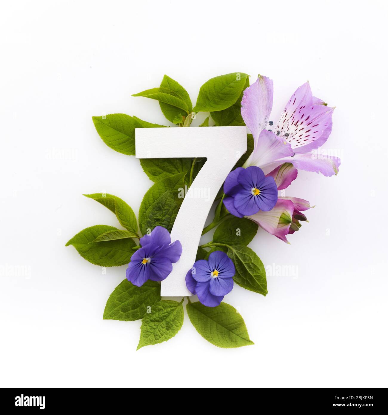 Creative layout with colourful flowers and number seven. Flat lay. Top ...