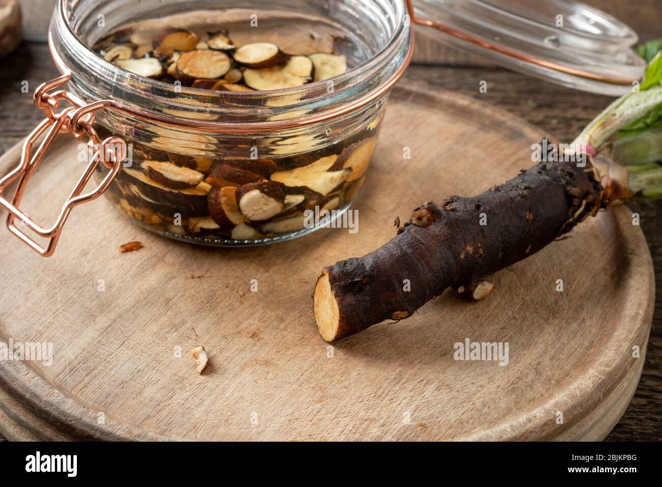 Preparation of herbal tincture from fresh comfrey root Stock Photo - Alamy