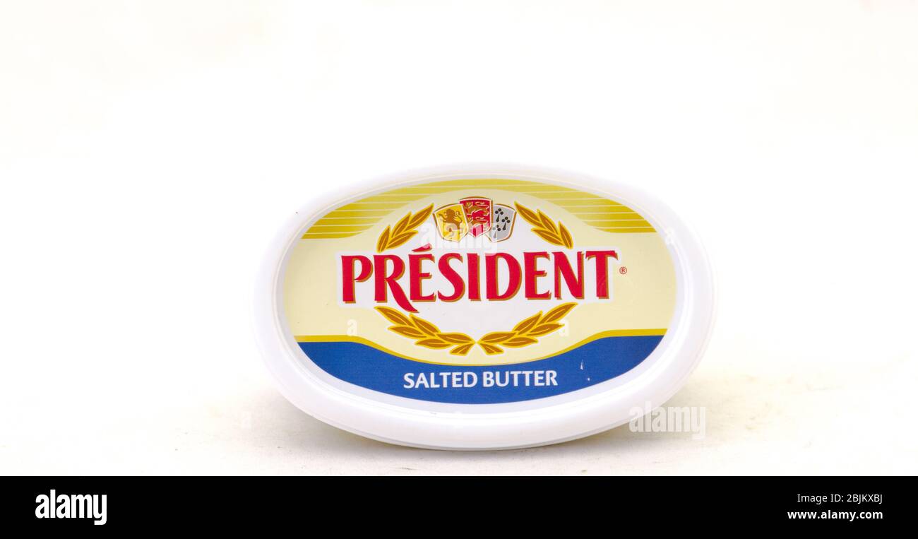 Alberton, South Africa - a tub of President salted butter isolated on a ...