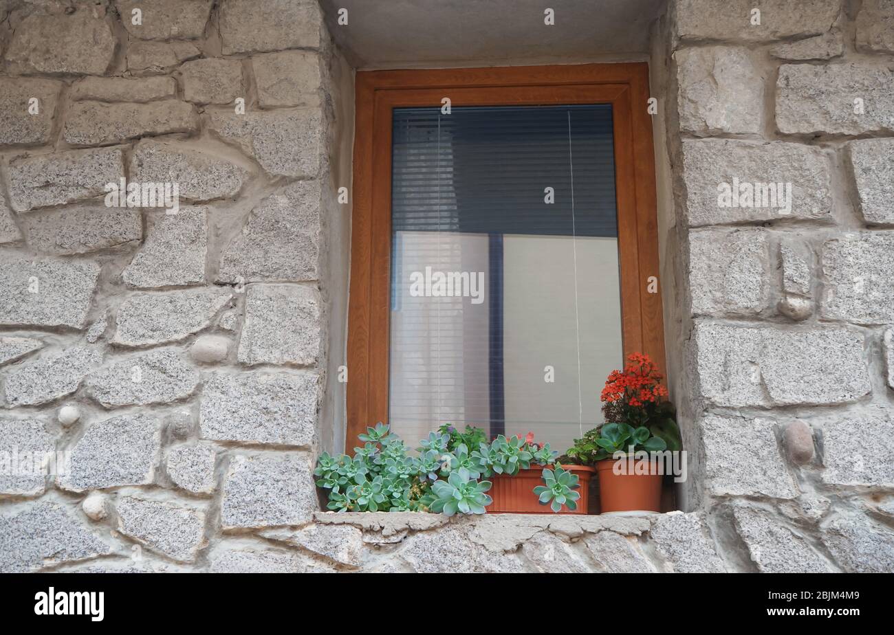Stone wall with window and houseplants on windowsill Stock Photo - Alamy
