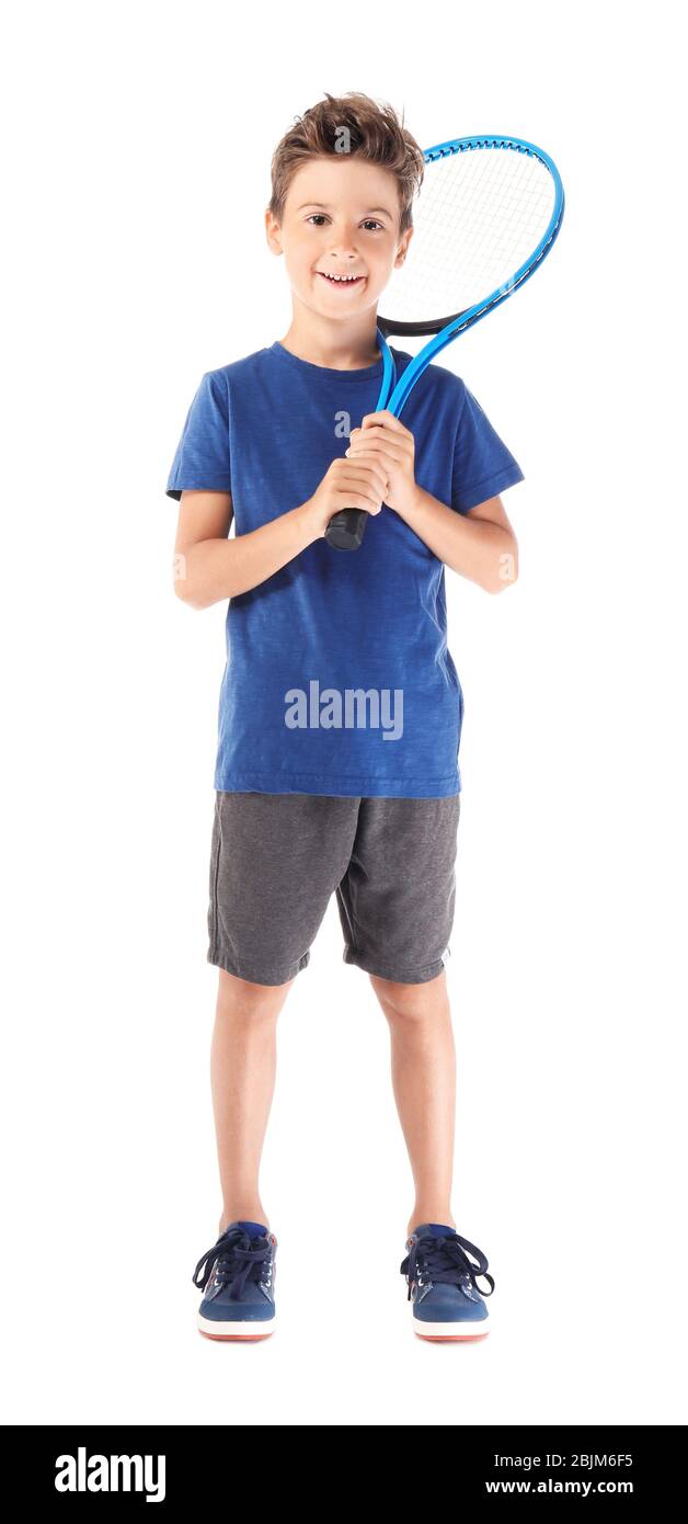 Cute little boy with tennis racket on white background Stock Photo - Alamy