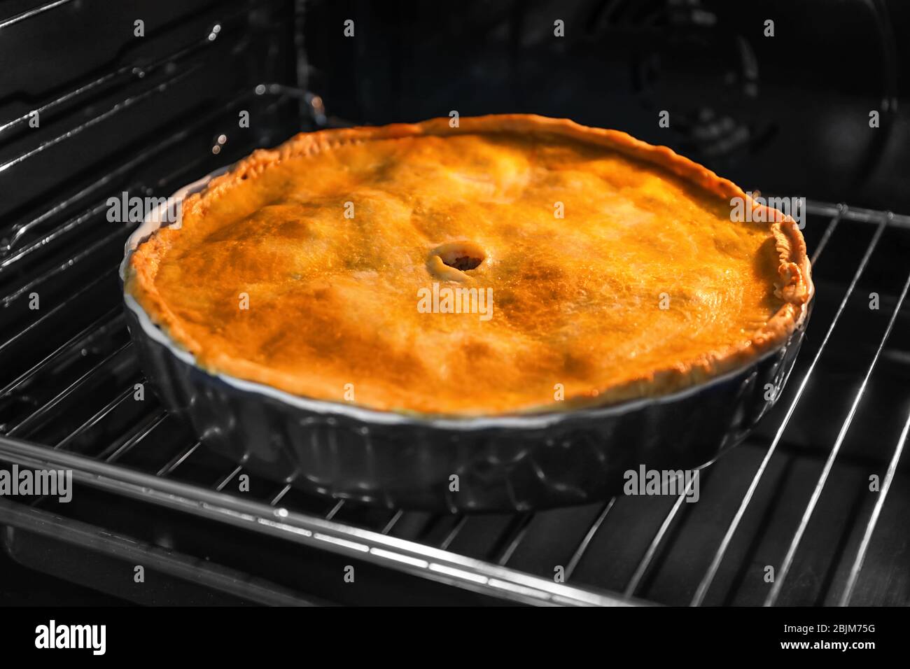 Delicious meat pie in oven, closeup Stock Photo - Alamy