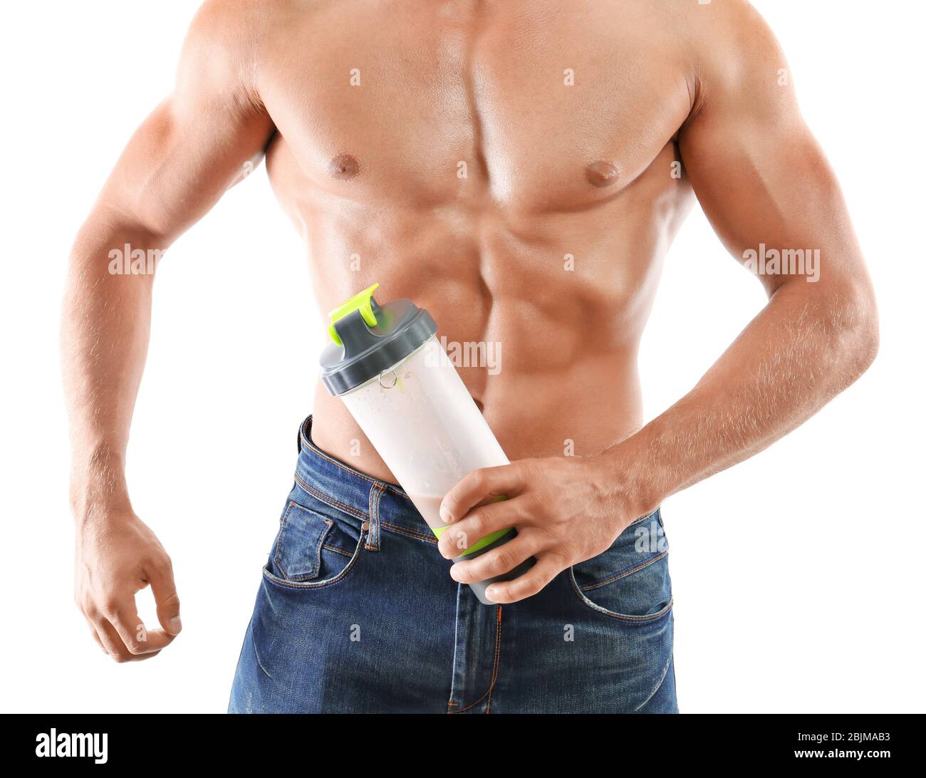Muscular man with protein shake on white background Stock Photo - Alamy