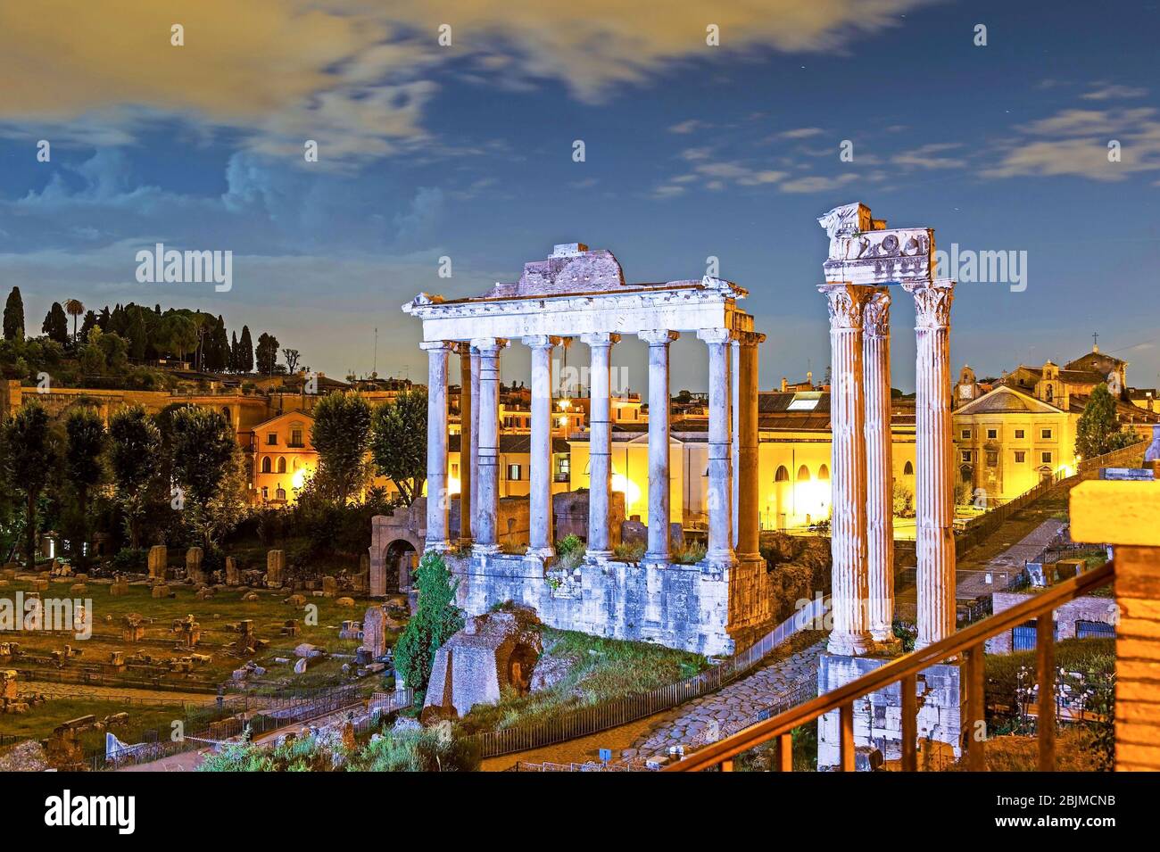 Night view of antique Roman Forum in Rome. Rome is a famous tourist ...