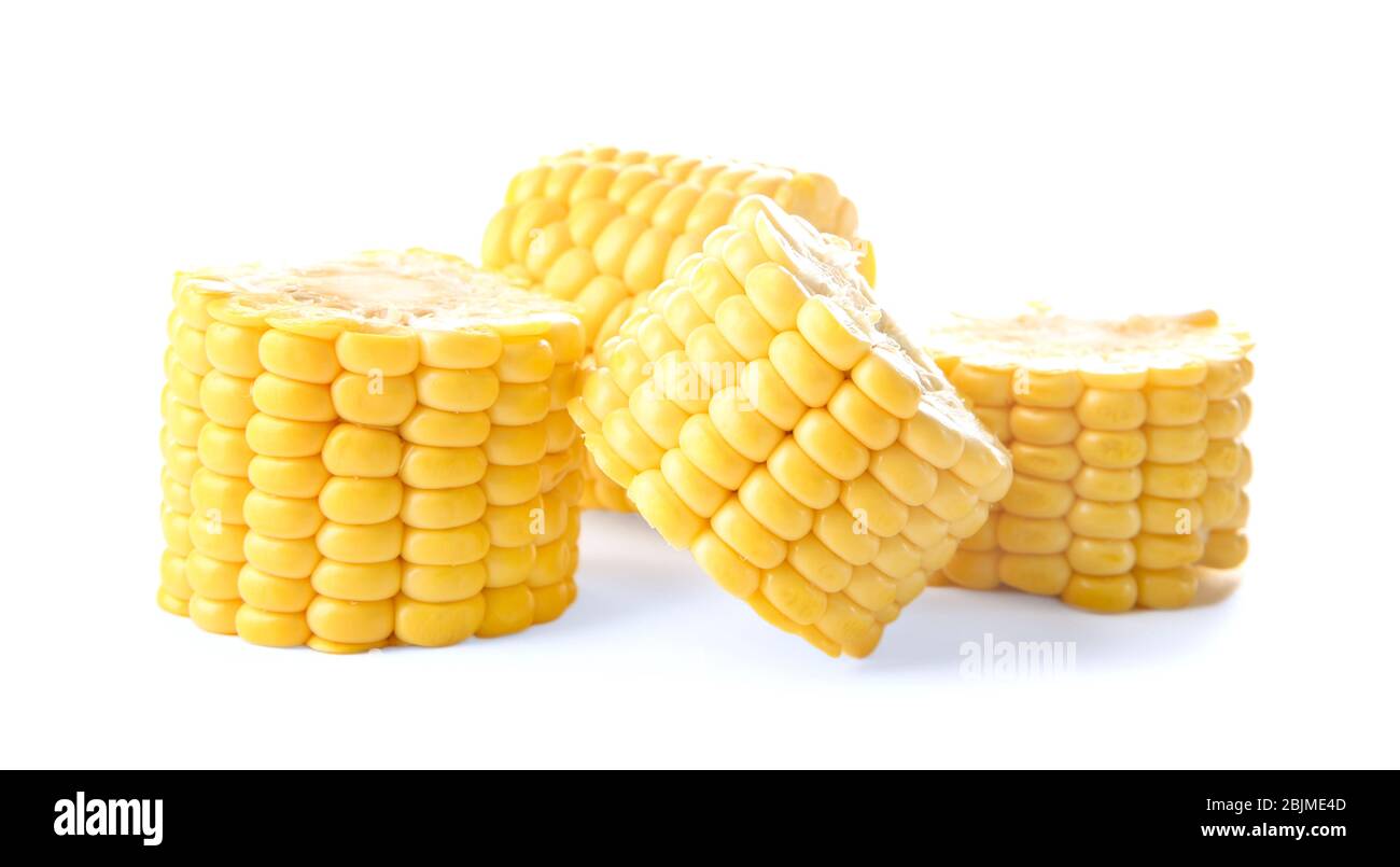 Pieces of fresh corn cob, isolated on white Stock Photo - Alamy
