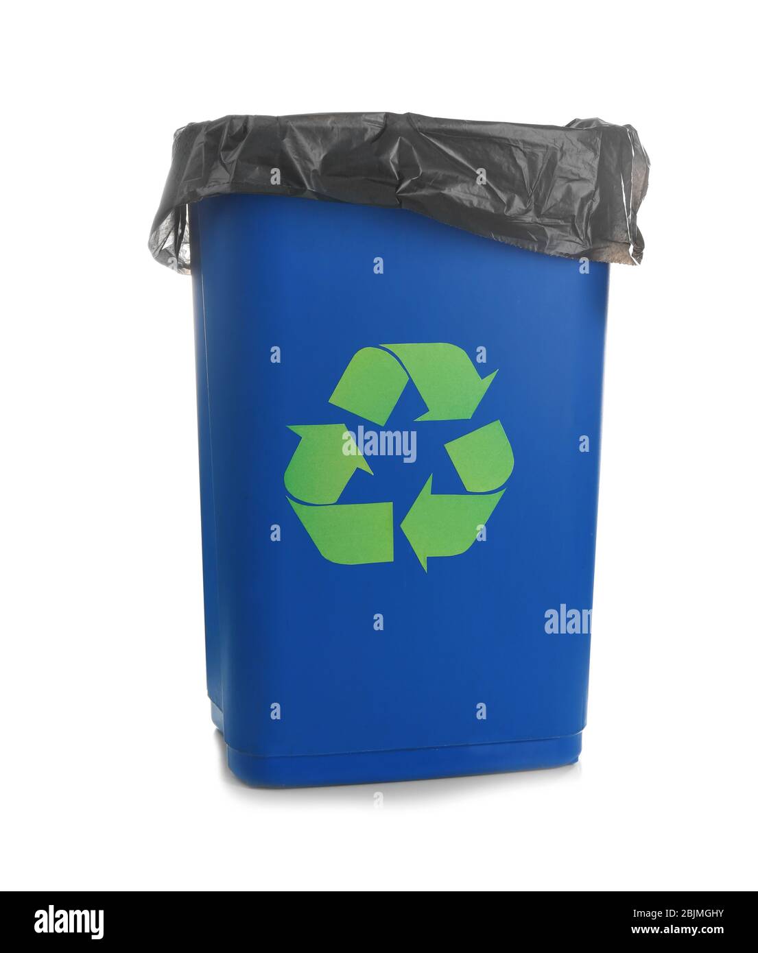 Blue rubbish bin with logo of recycling on white background Stock Photo ...