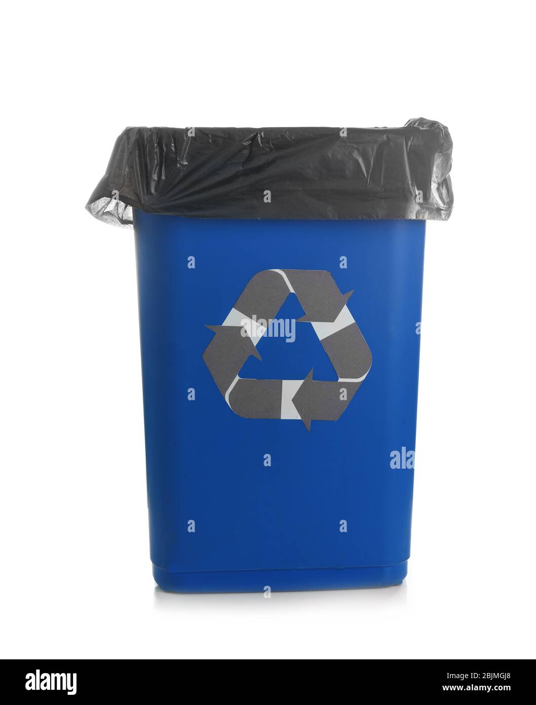 Blue rubbish bin with logo of recycling on white background Stock Photo ...
