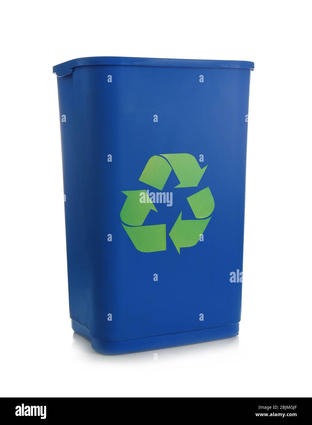 Blue rubbish bin with logo of recycling on white background Stock Photo ...