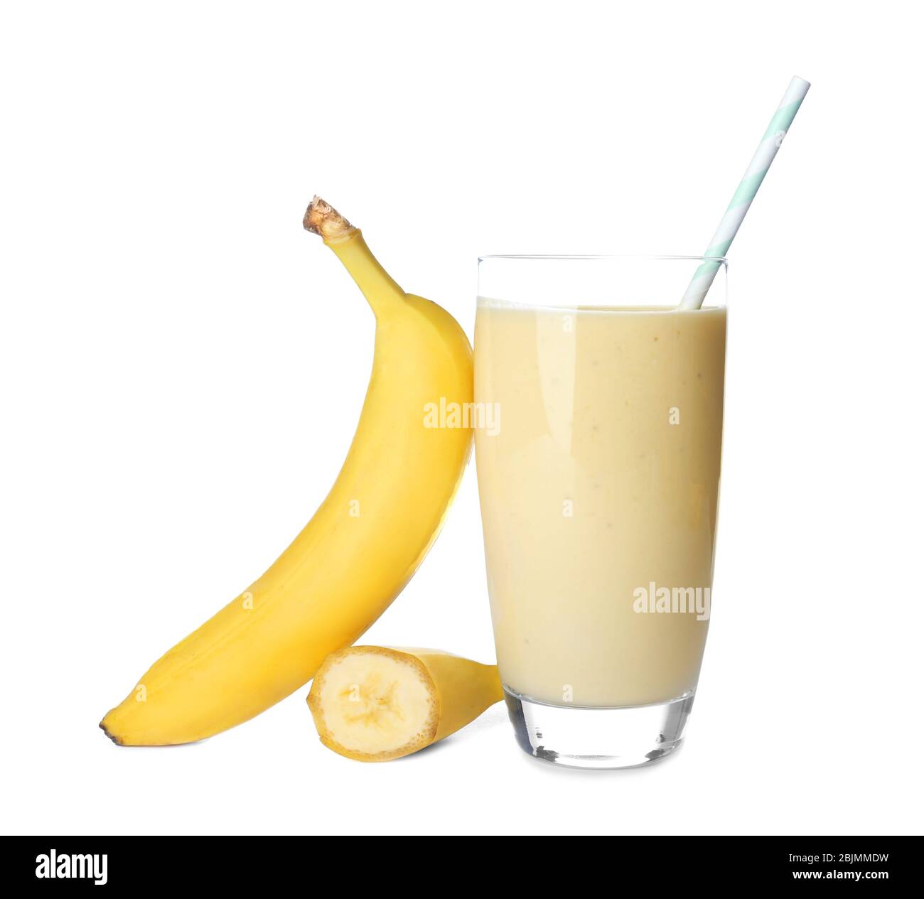 Ripe banana and glass of tasty smoothie on white background Stock Photo ...