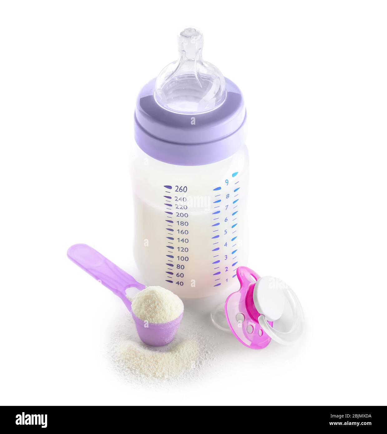 Baby milk formula and pacifier on white background Stock Photo - Alamy