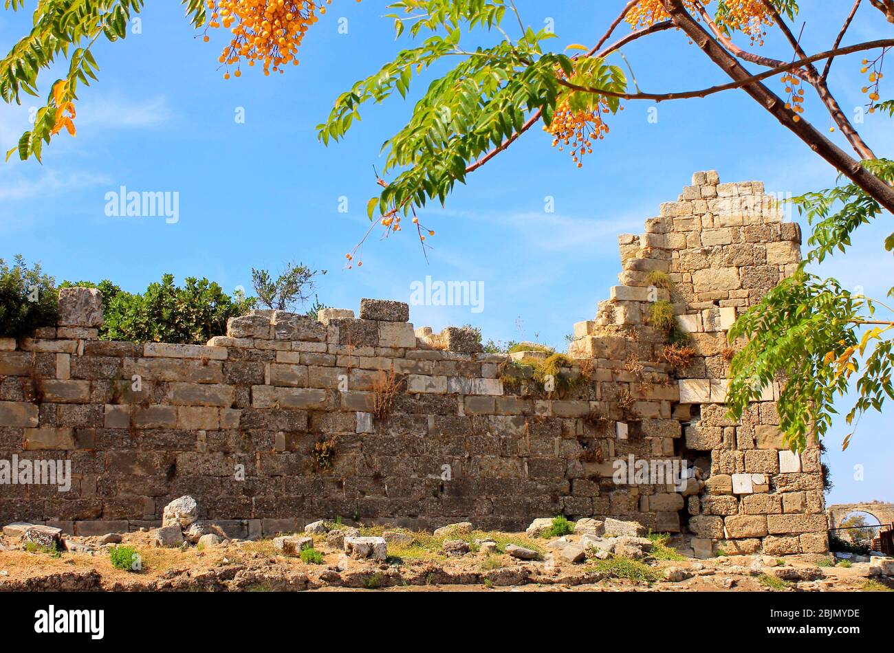 Antique ruins and sights of the Turkish resort town of Side Stock Photo ...