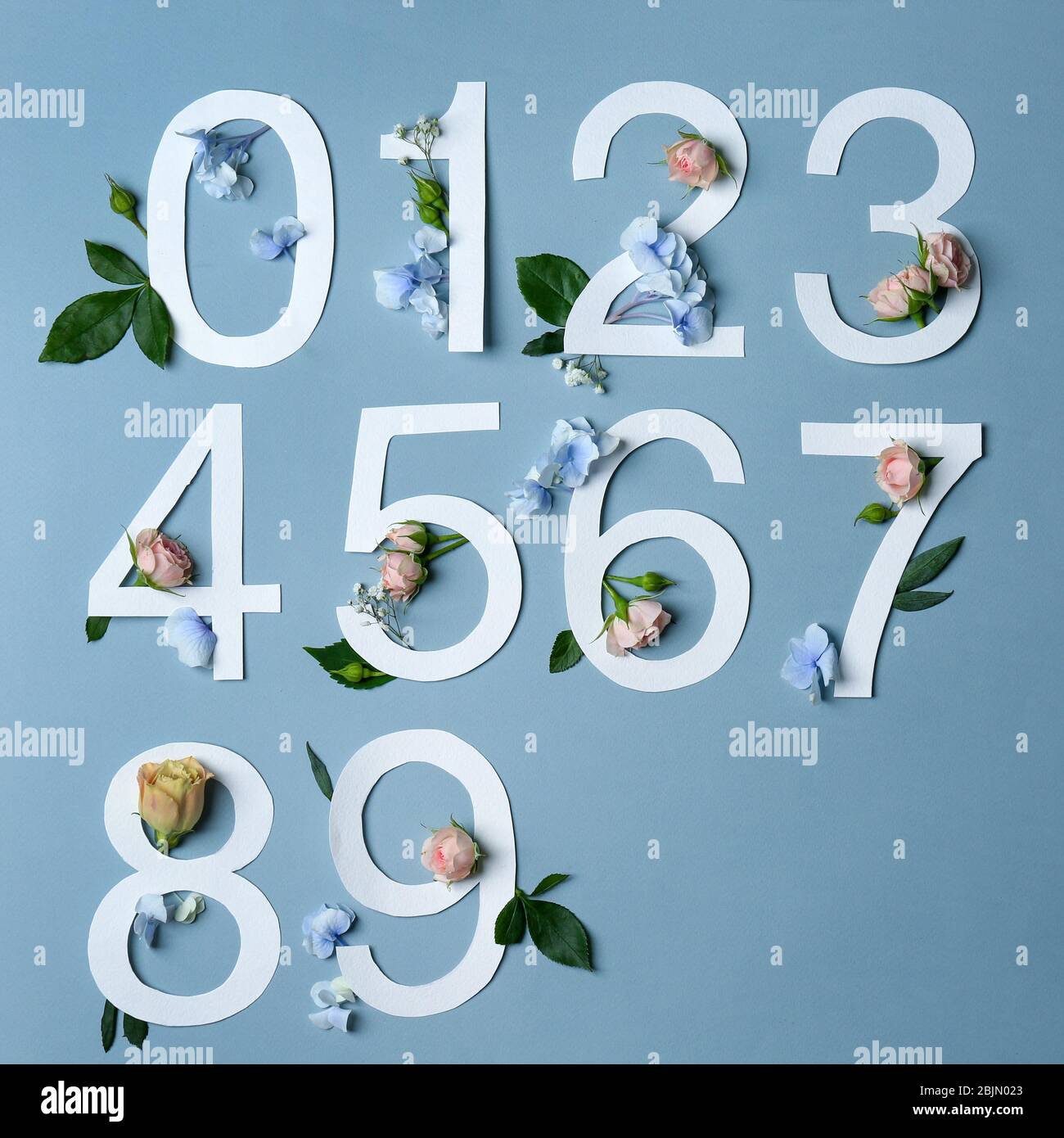 Beautiful floral composition with numbers made of paper on light ...