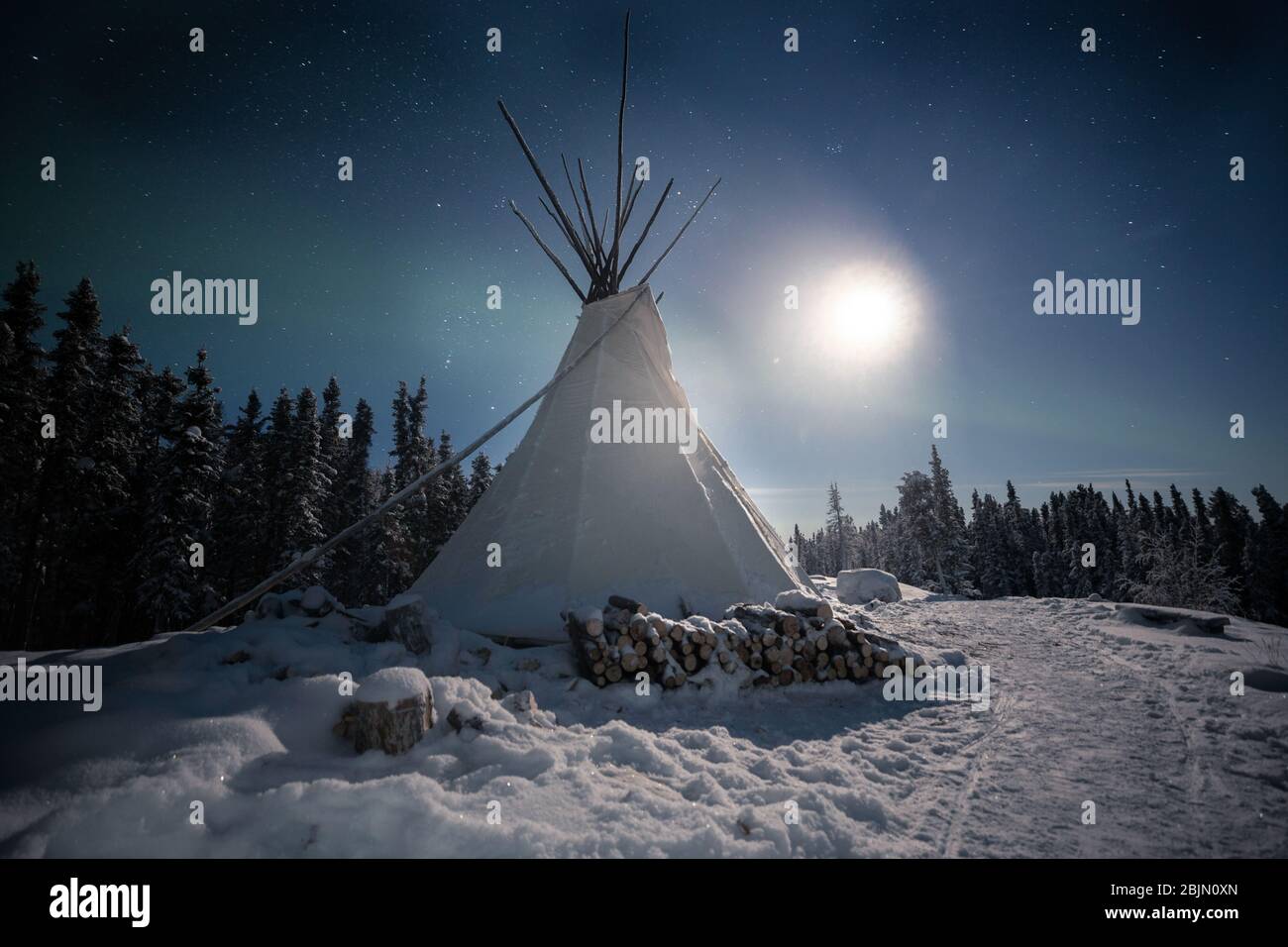 Teepee in Snowy winter night landscape, Yellowknife, Northwest ...