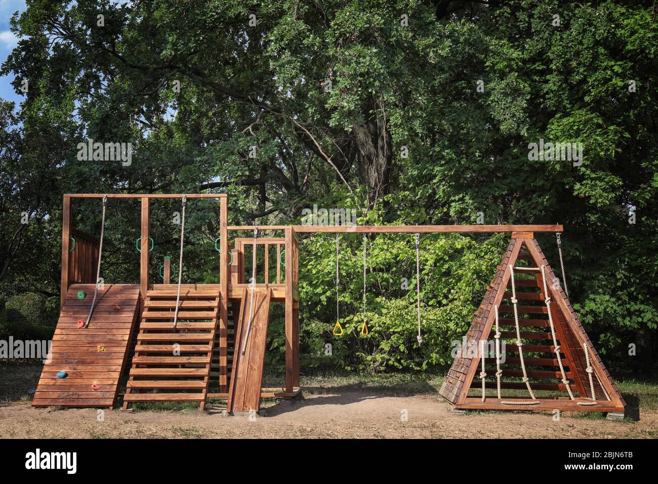Wooden structure for training and entertainment in park Stock Photo - Alamy