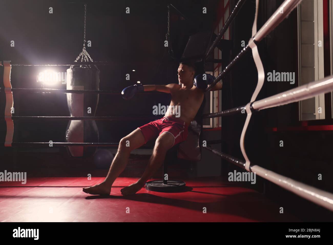 Professional boxer having break during training Stock Photo - Alamy