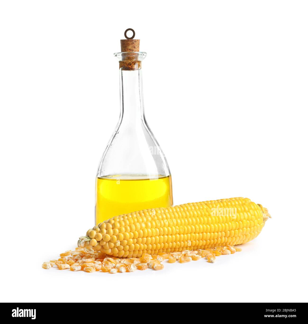 Glass bottle with corn oil and ripe cob on white background Stock Photo ...