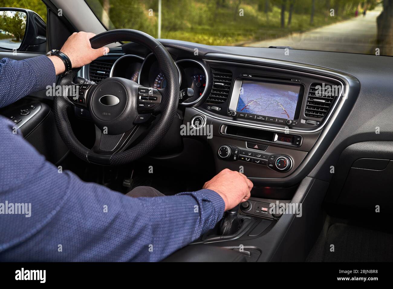 Interior of premium car with rearview camera dynamic trajectory turning ...