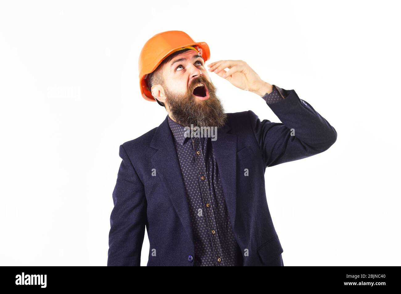 Inspector with angry face yells something. Bearded man wears helmet ...
