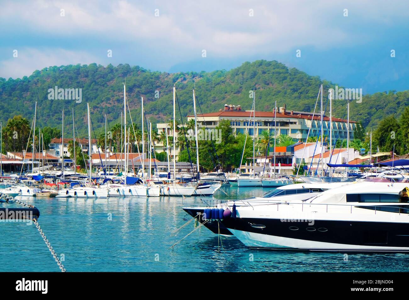Beautiful view of modern boats at pier Stock Photo - Alamy