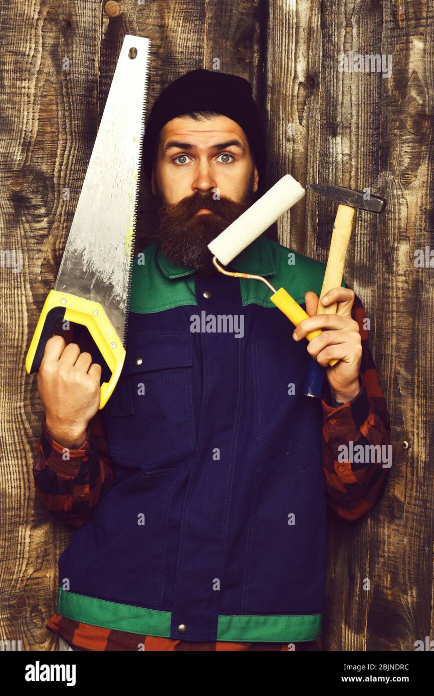 bearded builder, long beard, brutal caucasian hipster with moustache ...