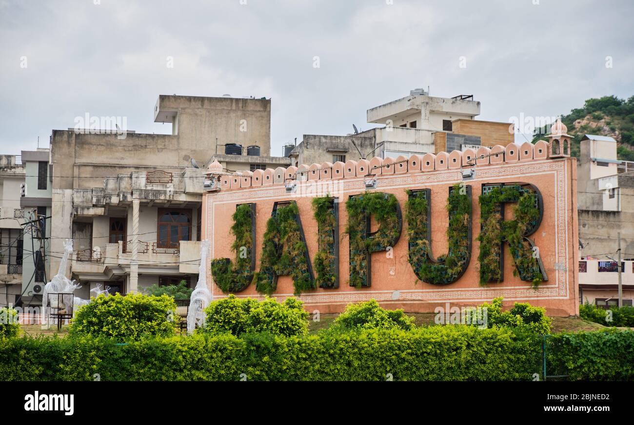 Green plants decorated to form the text "Jaipur", landamrk of famous ...