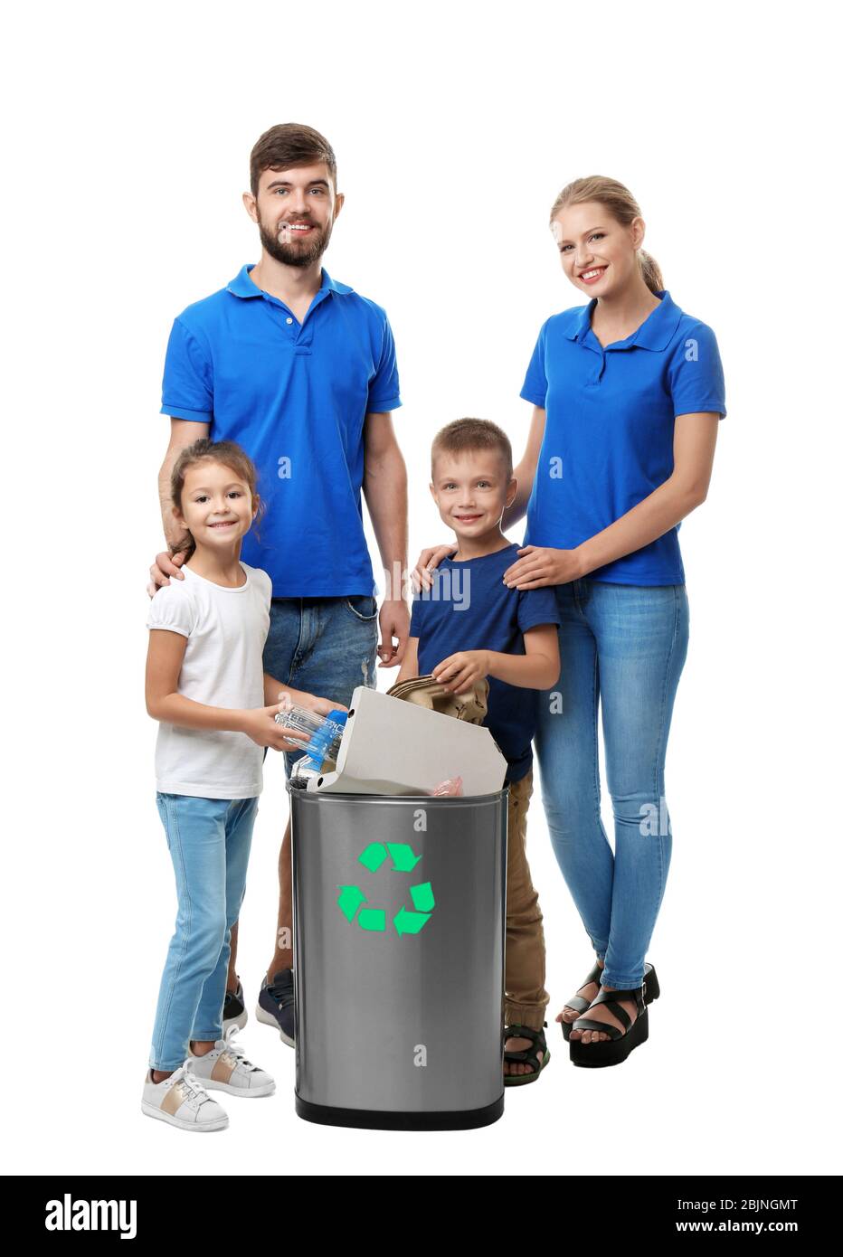 Family with litter bin on white background. Recycling concept Stock ...