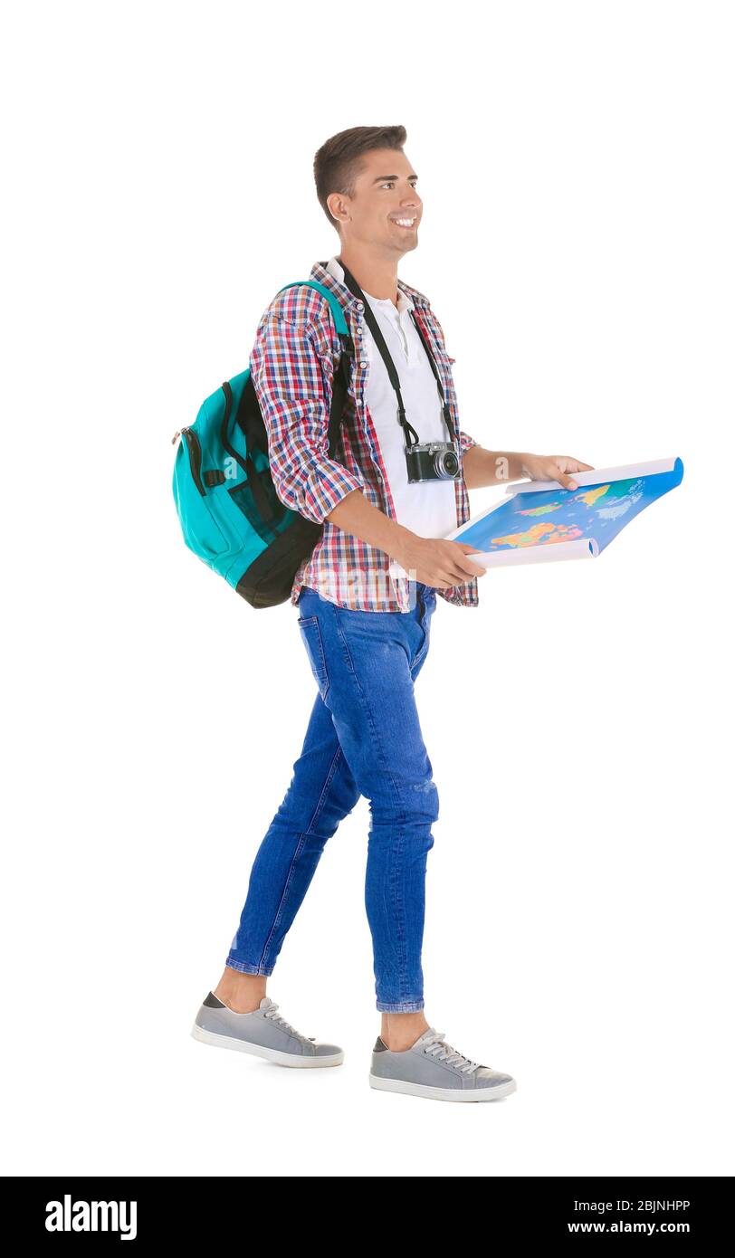 Attractive male tourist on white background Stock Photo - Alamy