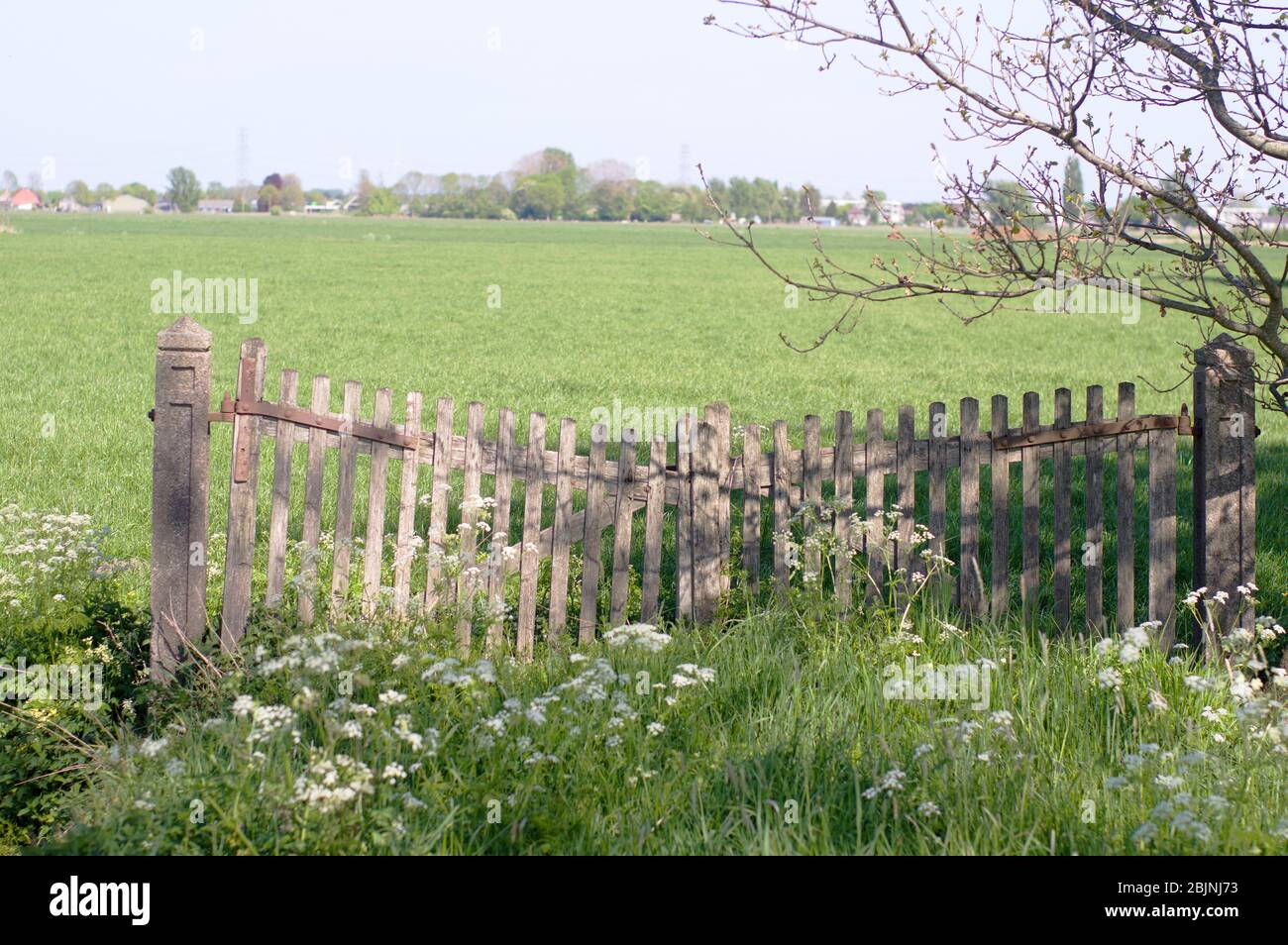 Old wooden closed gate that gives access to a meadow Stock Photo - Alamy