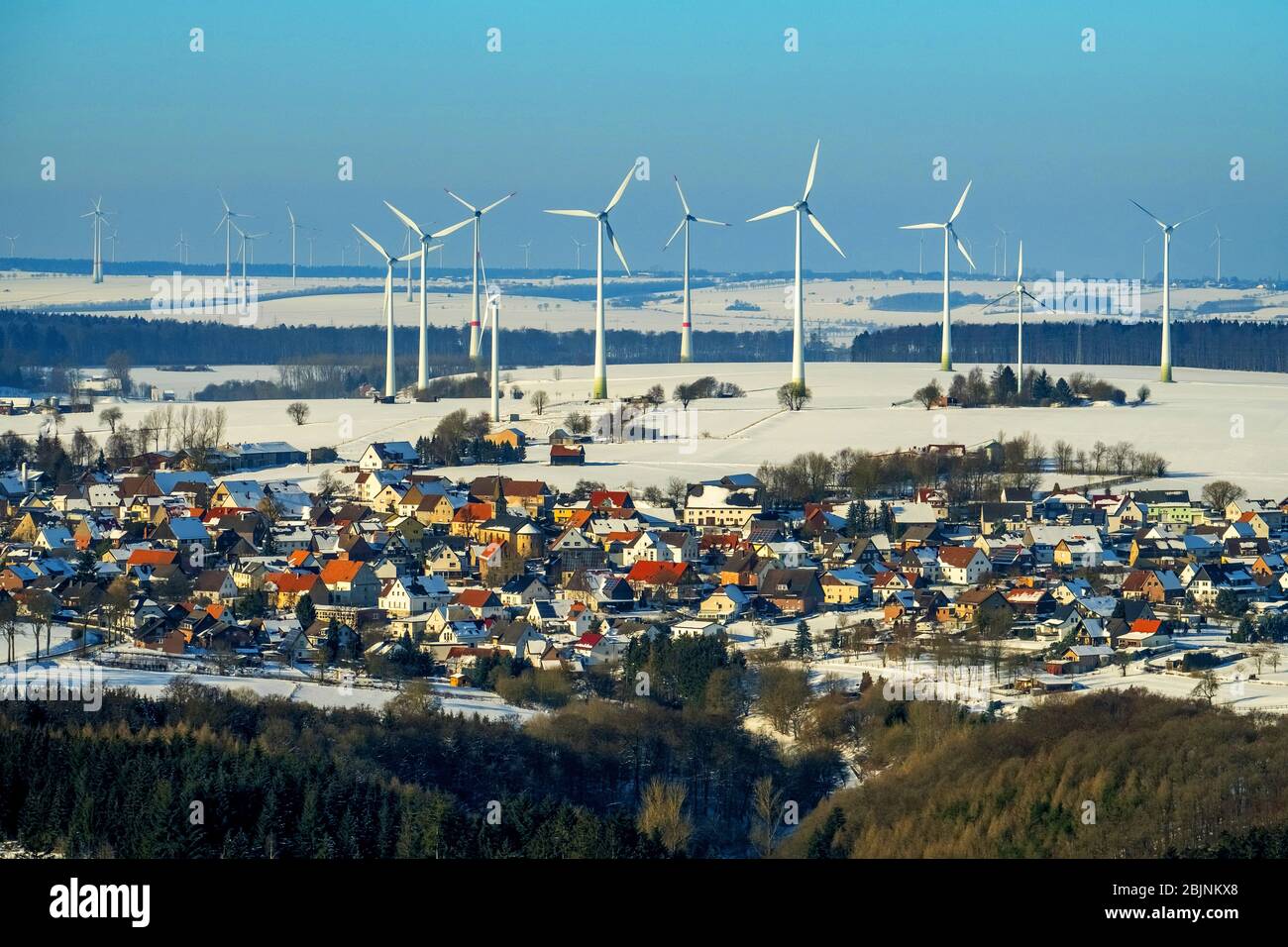 Wind turbine windmills on a wintry field in Marsberg, 22.01.2017 ...