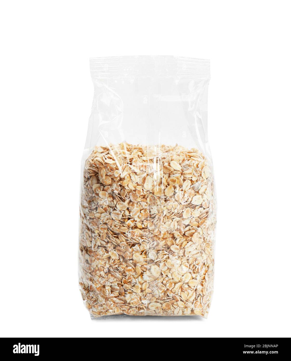 Package with nutritious oatmeal on white background Stock Photo - Alamy