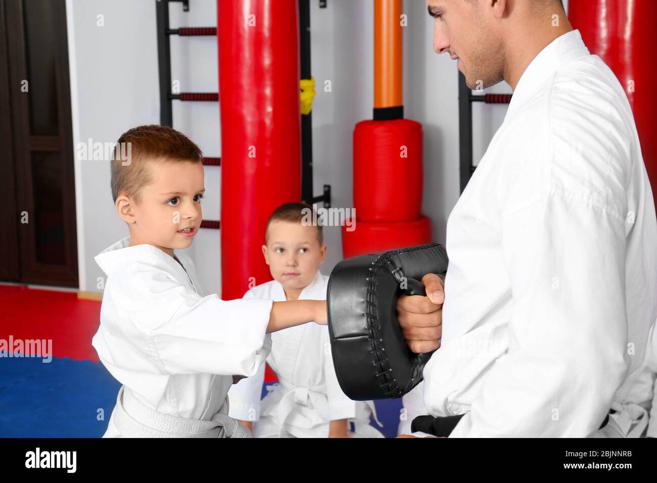 Male karate instructor training little boy in dojo Stock Photo - Alamy