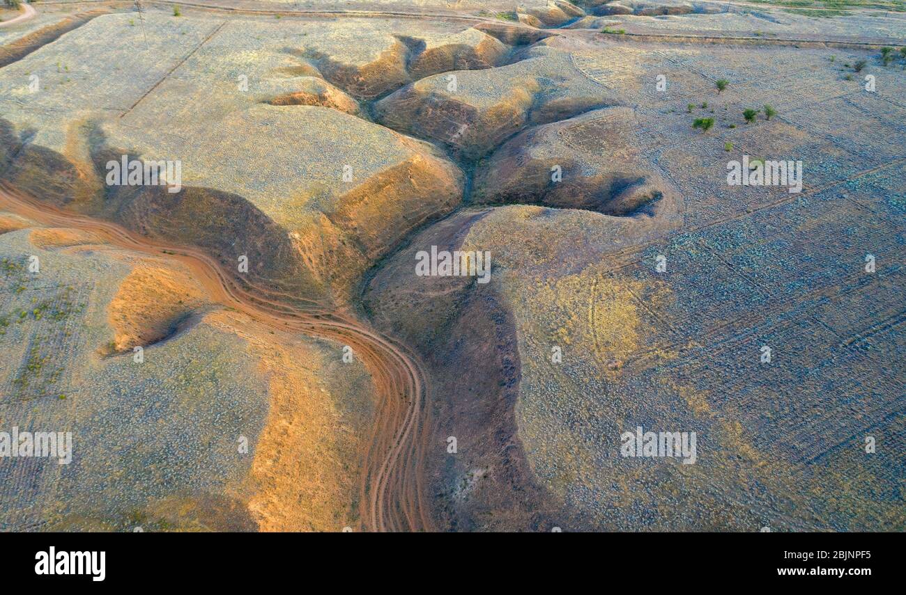 Soil erosion in the steppe zone of the Caspian lowland. Aerial view ...