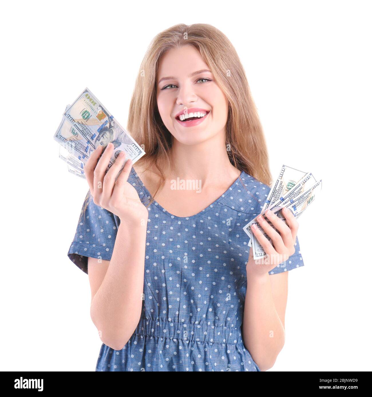 Beautiful young woman with dollar bills on white background Stock Photo ...
