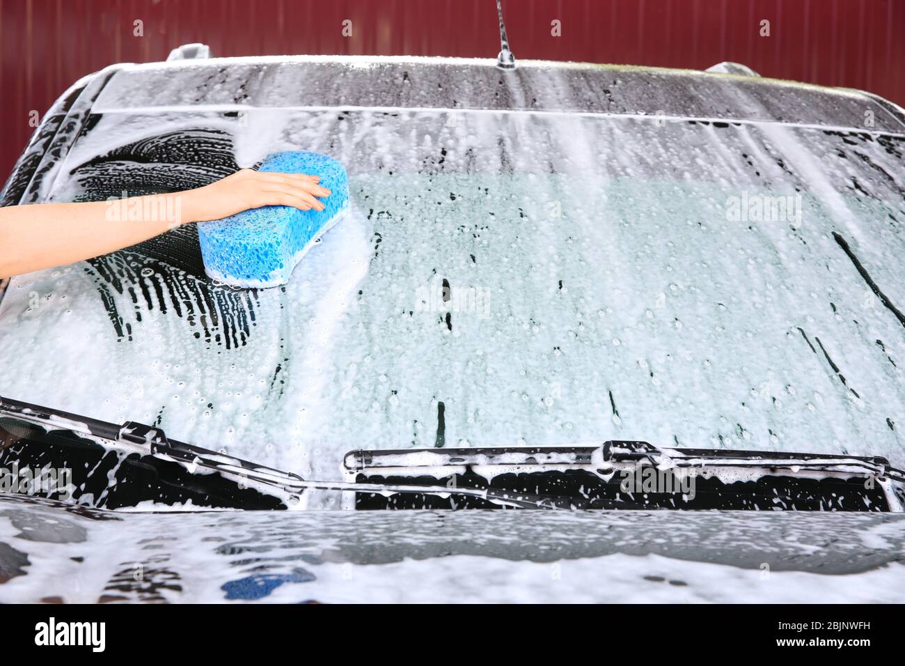 Woman washing windshield of car with sponge Stock Photo - Alamy
