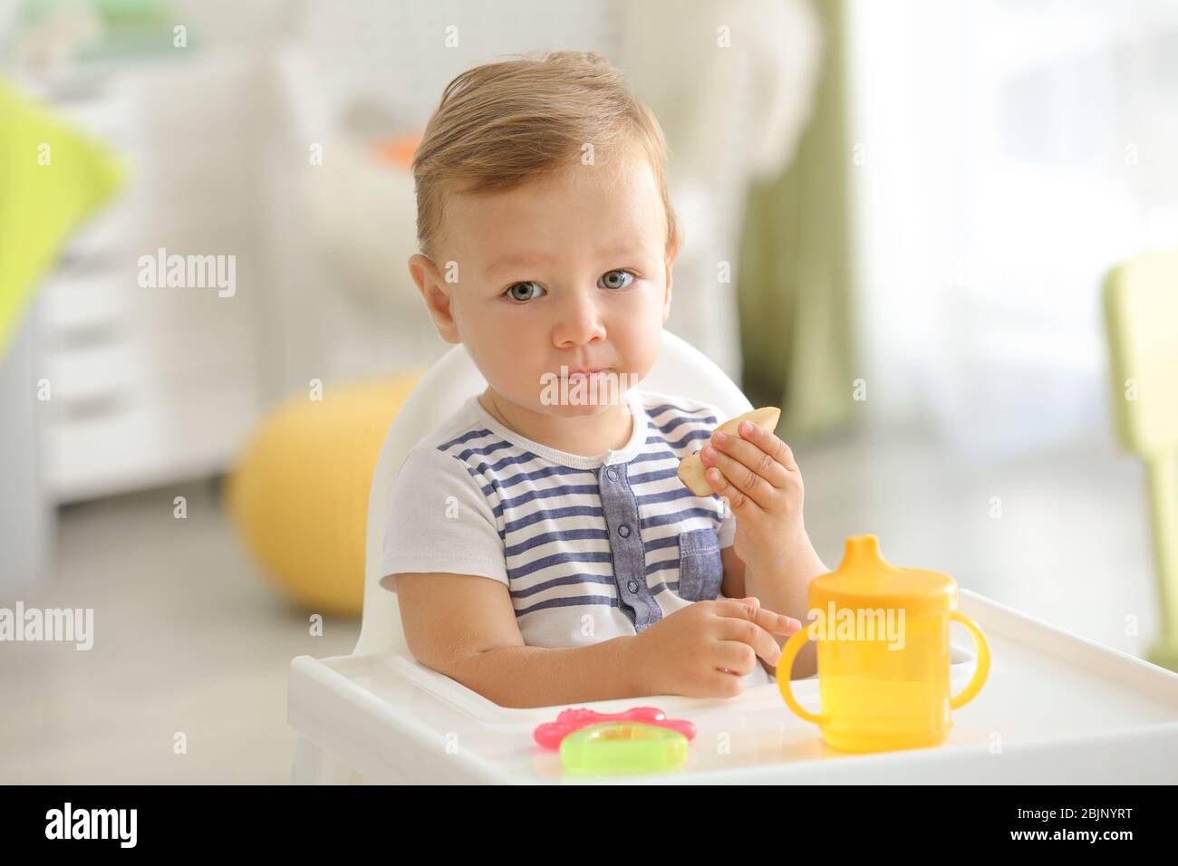 Adorable baby eating apple while sitting in highchair at home Stock ...