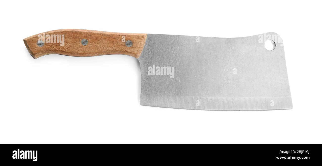 Butcher knife with wooden handle on white background Stock Photo - Alamy