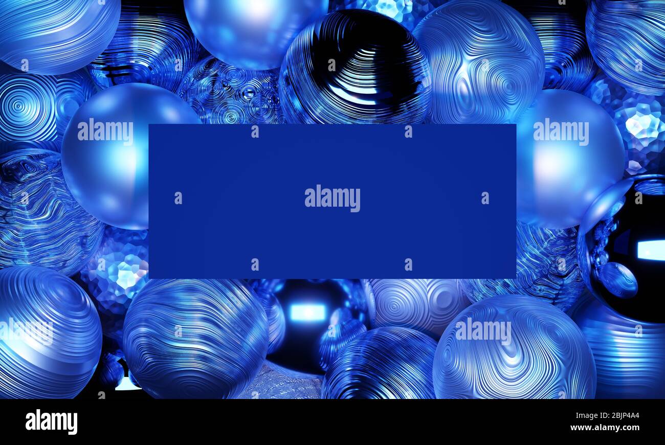 3D rendering of blue, rounds, shiny, metallic balls or baubles with ...