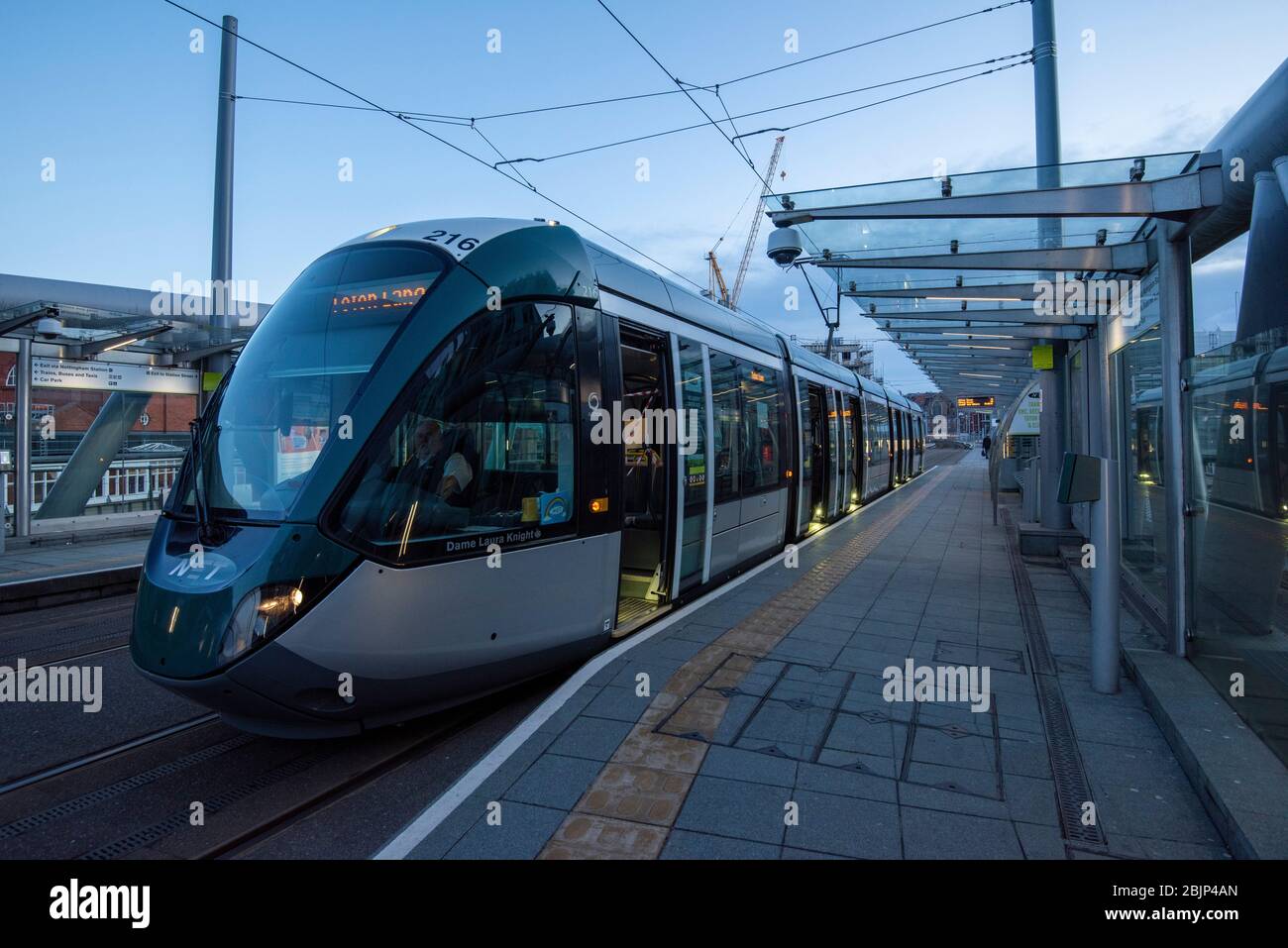 Train station tram stop at sunrise, Nottingham City South side captured ...