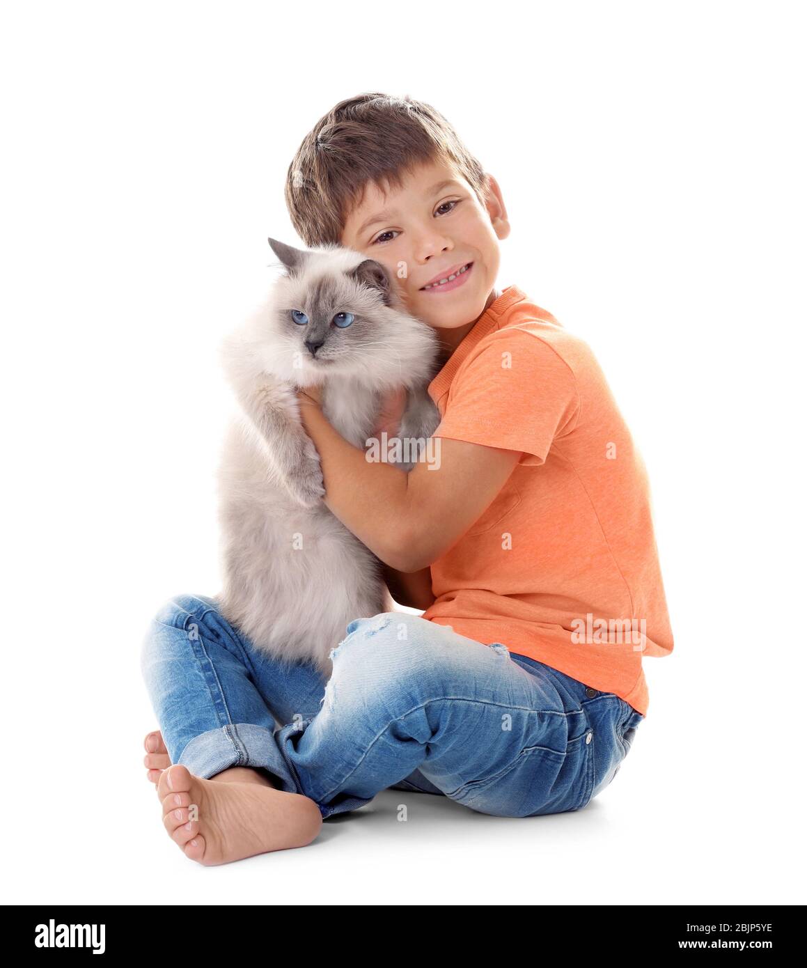Cute little boy with fluffy cat on white background Stock Photo - Alamy